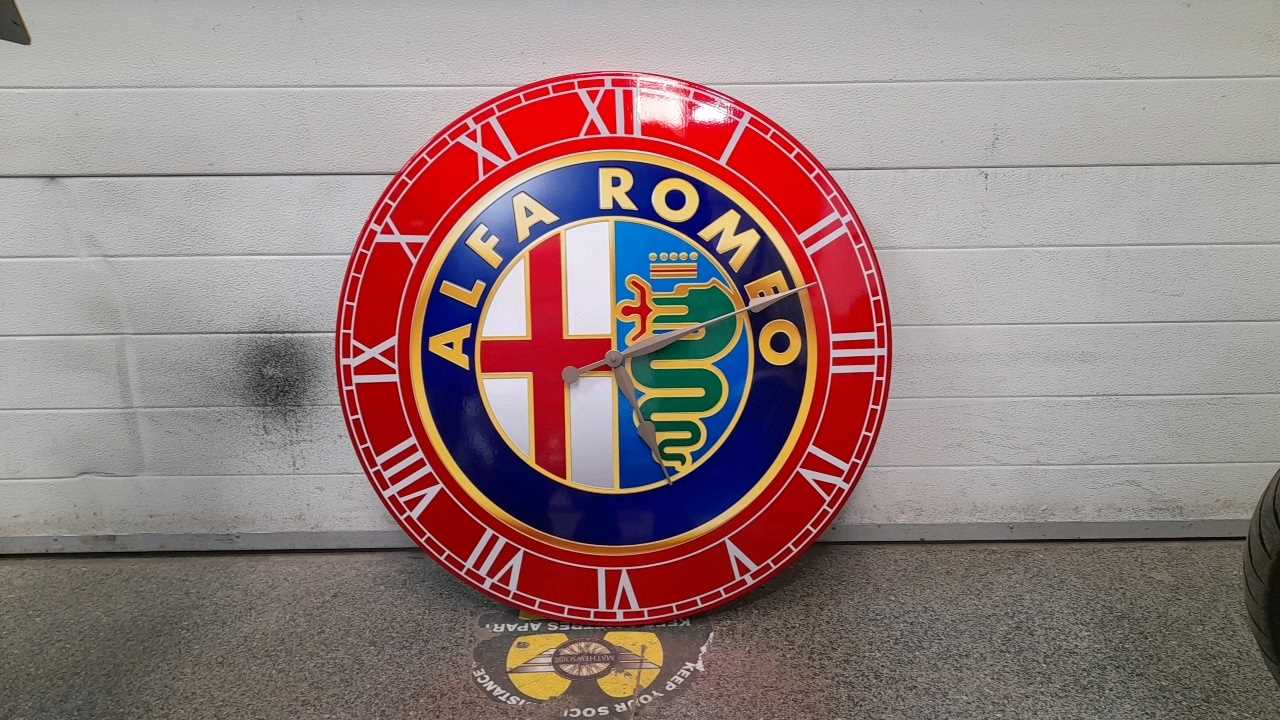 Lot 347 - ALFA ROMEO CLOCK HAND MADE FROM MDF, 32"