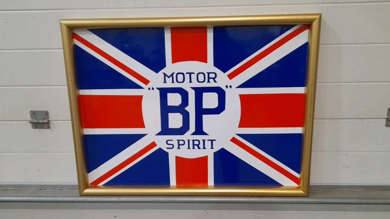 Lot 14 - HAND PAINTED BP MOTOR SPIRIT SIGN 24" X 31"