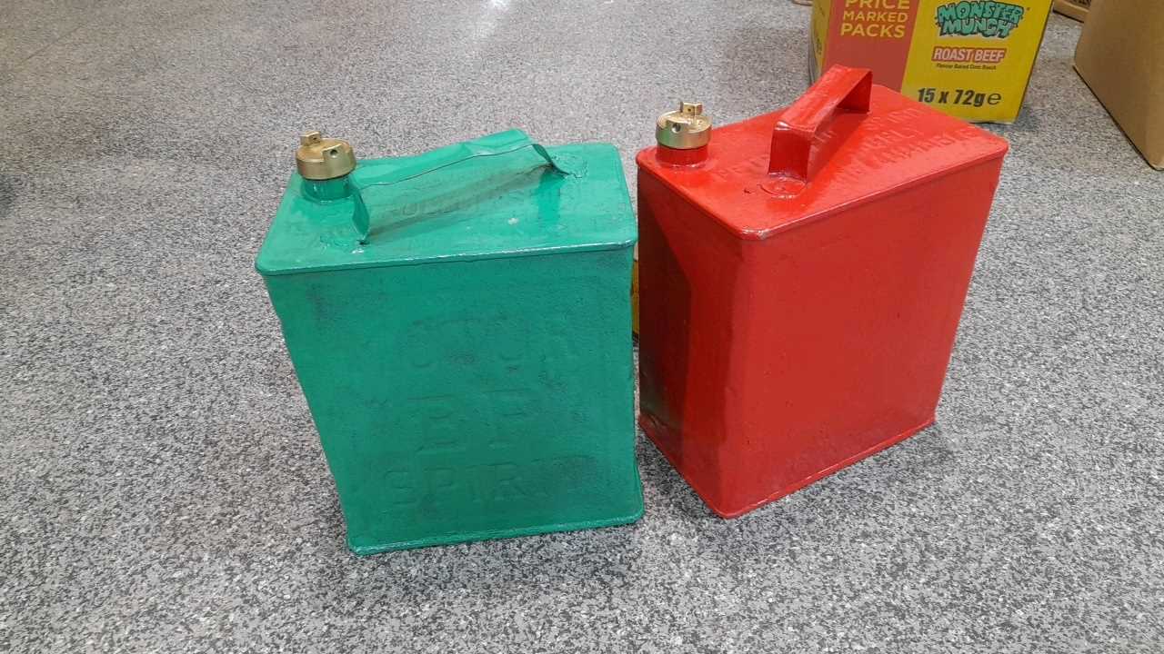 Lot 584 - 2X 2GAL PETROL CANS WITH BRASS TOPS AND