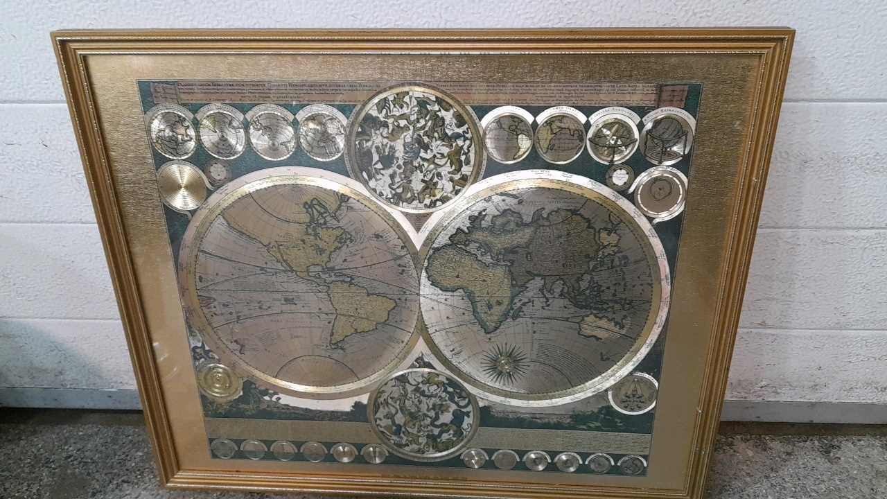 Lot 43 - TWO BRASS + COPPER INLAID FRAMED OFFICE MAPS,