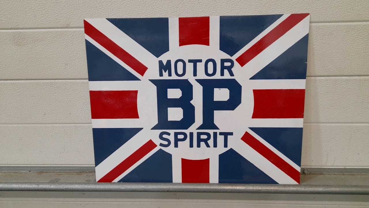 Lot 713 - HAND PAINTED BP MOTOR SPIRIT SIGN ON METAL