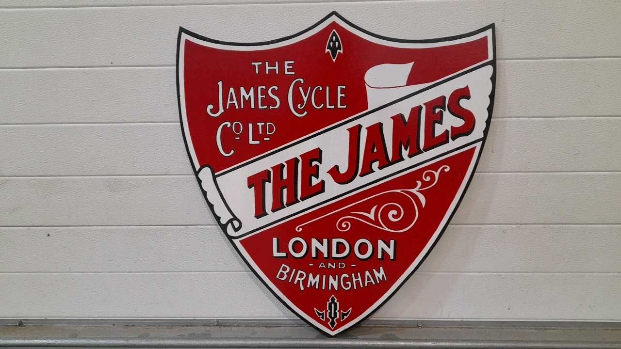 Lot 719 - WOODEN HAND PAINTED JAMES CYCLES SIGN 29" X
