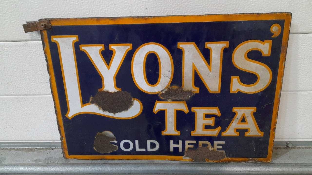 Lot 245 - LYONS TEA SOLD HERE DOUBLE SIDED ENAMEL SIGN