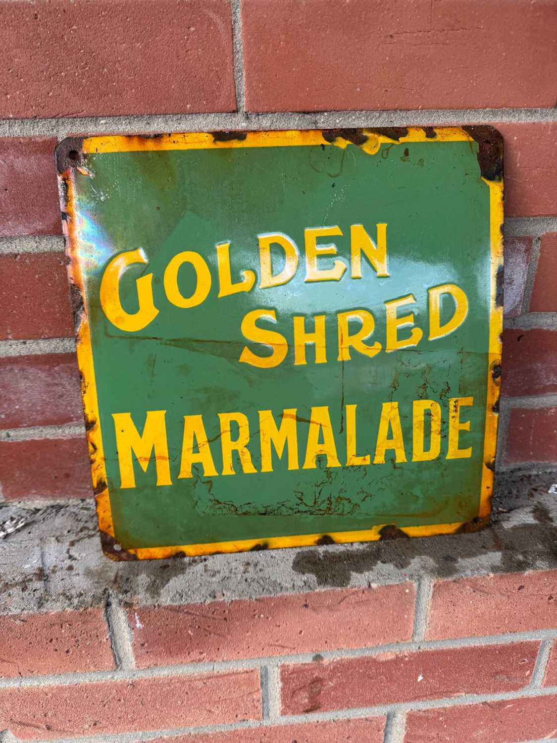 Lot 654 - GOLDEN SHRED MARMALADE ENAMEL SIGN 12" X 12"