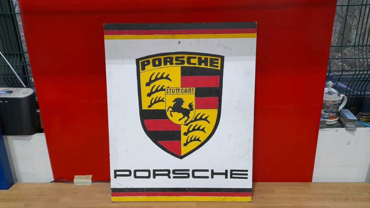 Lot 122 - WOODEN HAND PAINTED PORSCHE SIGN 23" X 17"