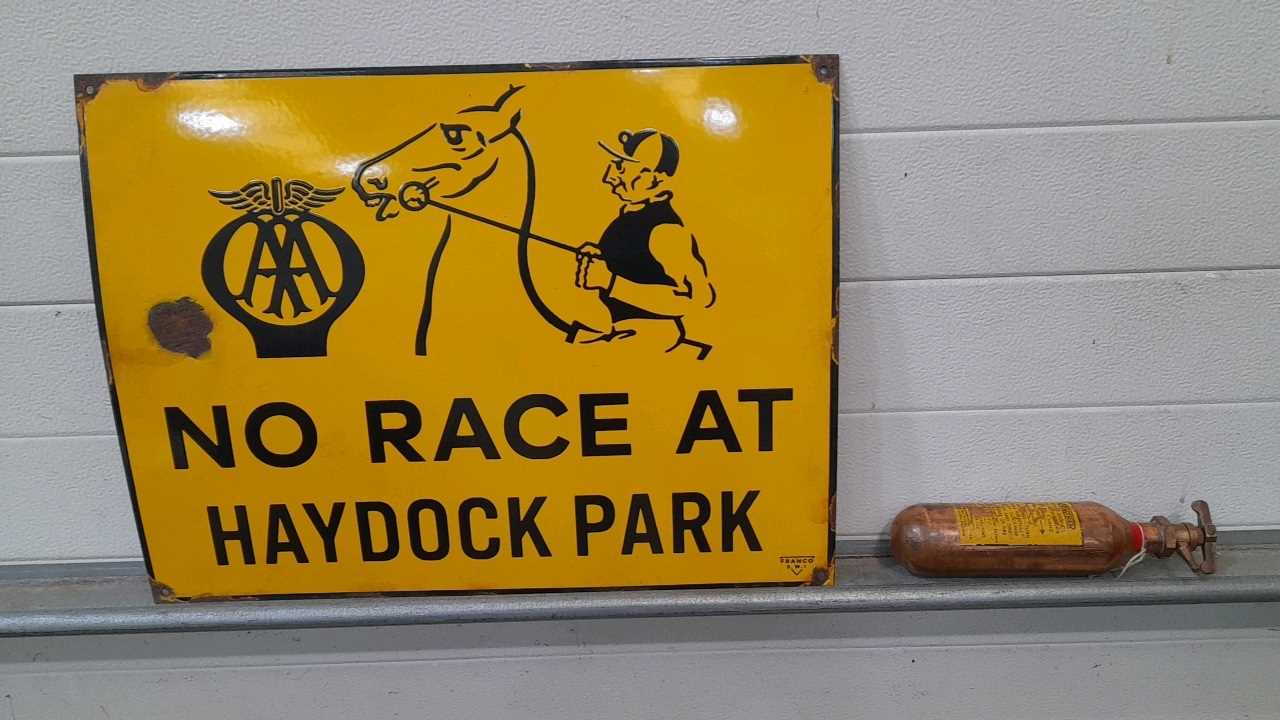 Lot 313 - AA NO RACE AT HAYDOCK PARK ENAMEL SIGN 24" X