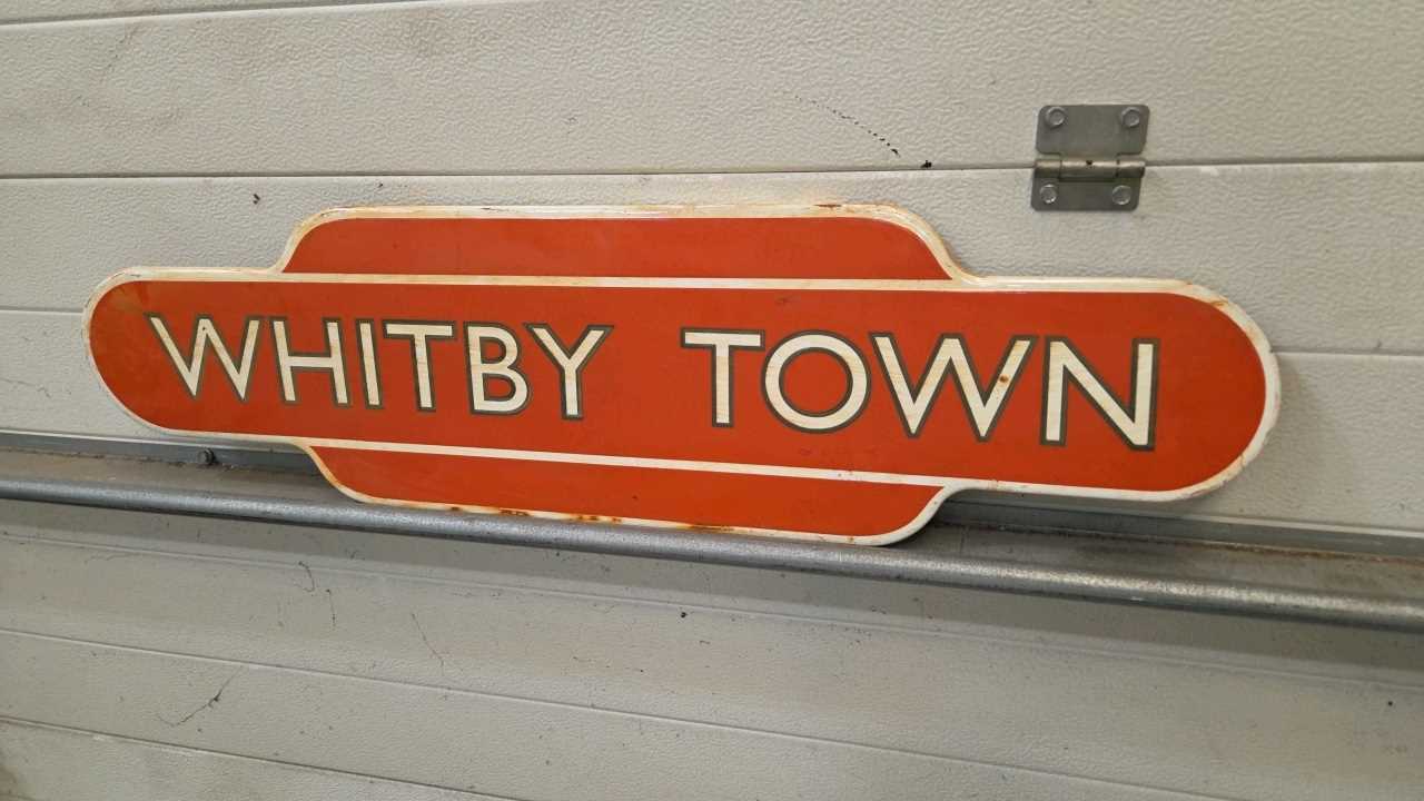 Lot 371 - WHITBY TOWN RAILWAY ENAMEL SIGN 36" X 10"