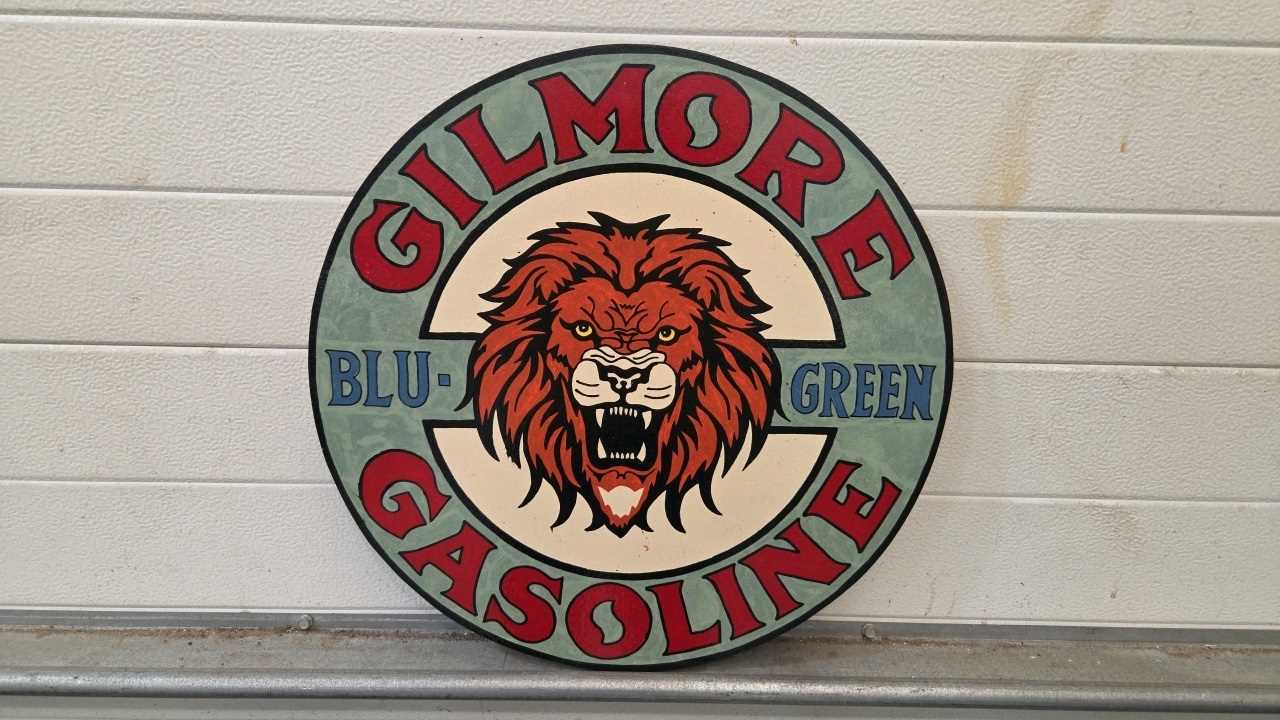 Lot 665 - WOODEN HAND PAINTED GILMORE GASOLINE SIGN 20"