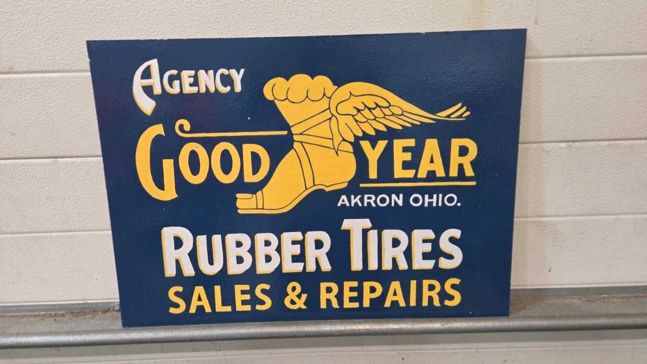 Lot 351 - WOODEN HAND PAINTED GOODYEAR SIGN ( ALL