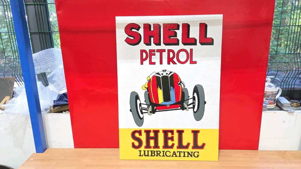 Lot 445 - WOODEN HAND PAINTED SHELL PETROL SIGN 28" X