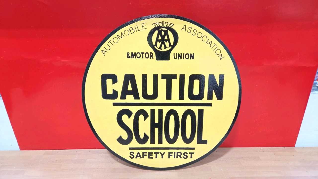Lot 713 - WOODEN HAND PAINTED AA SCHOOL SIGN 19.5" DIA