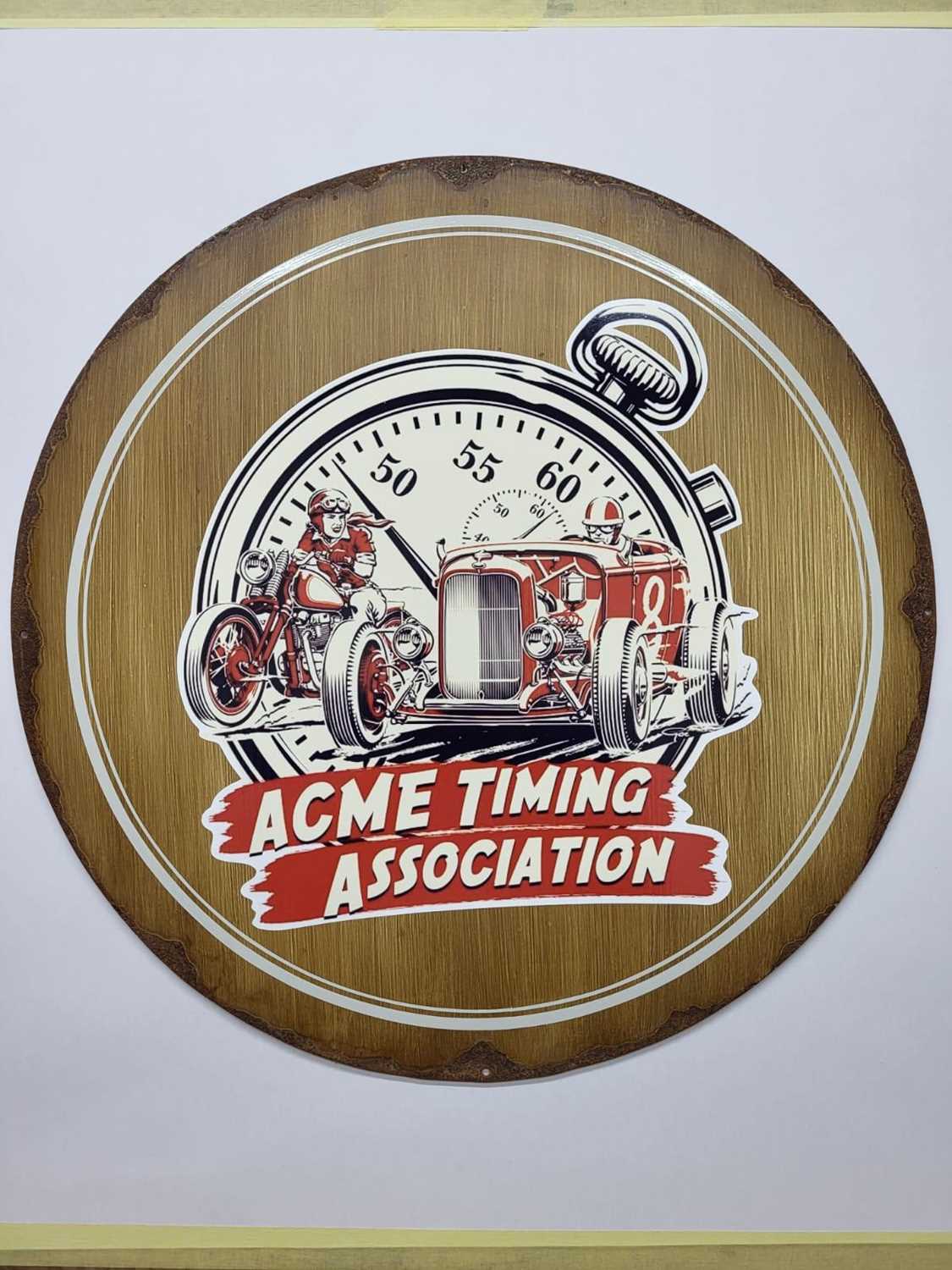Lot 253 - HANDMADE ACME TIMING METAL SIGN 20" DIA