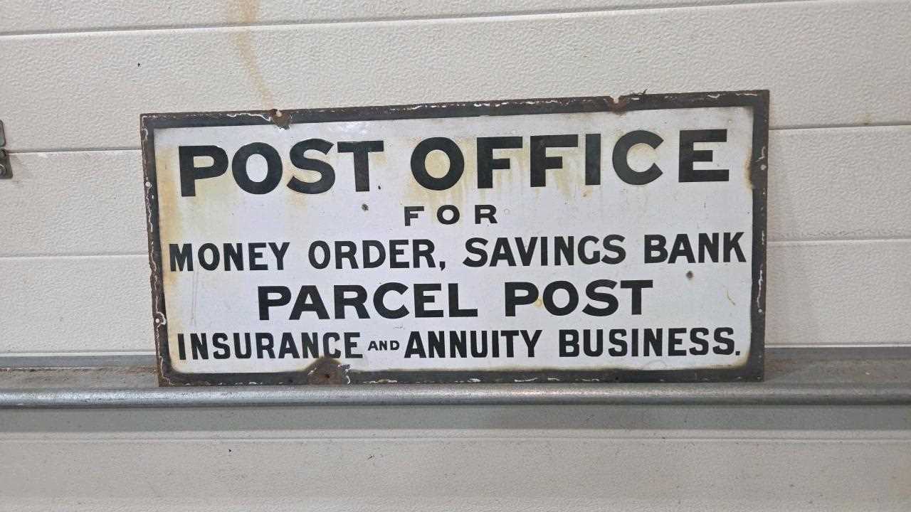 Lot 311 - POST OFFICE , PARCEL POST ENAMEL SIGN 26" X