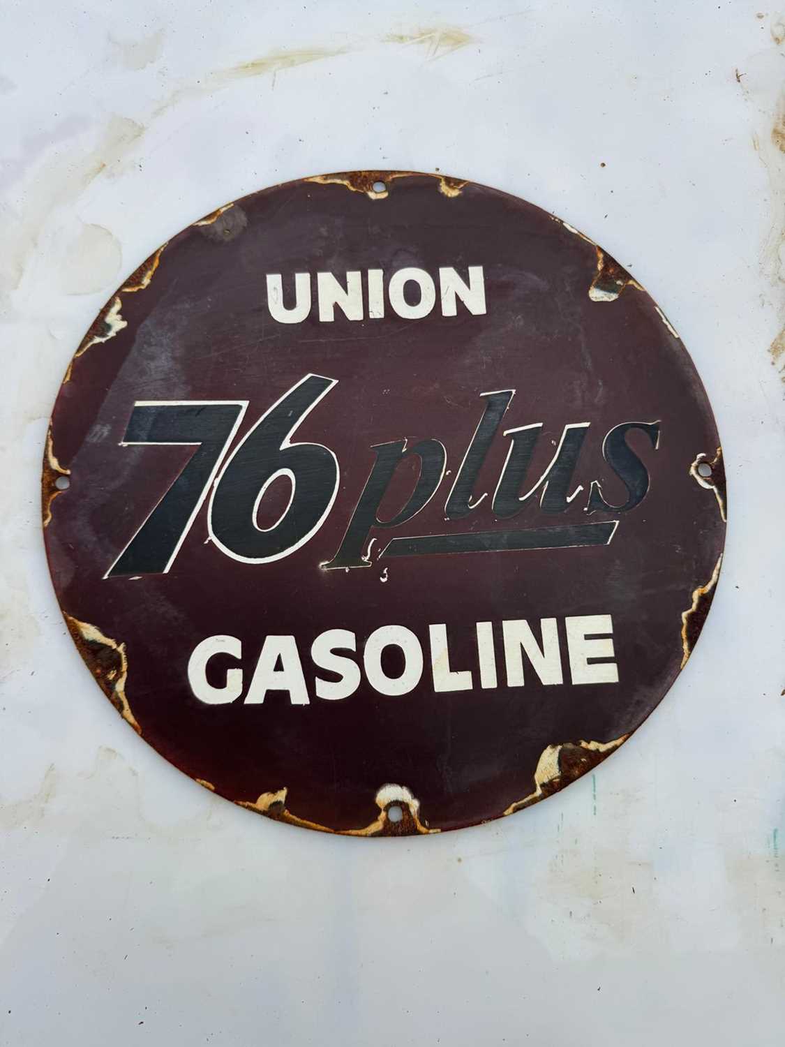 Lot 395 - UNION 76 PLUS GASOLINE ENAMEL SIGN 12" DIA