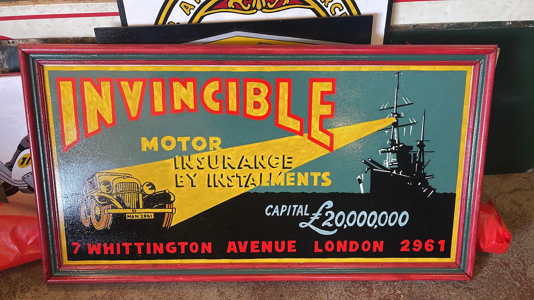 Lot 451 - INVINCIBLE INSURANCE WOODEN SIGN